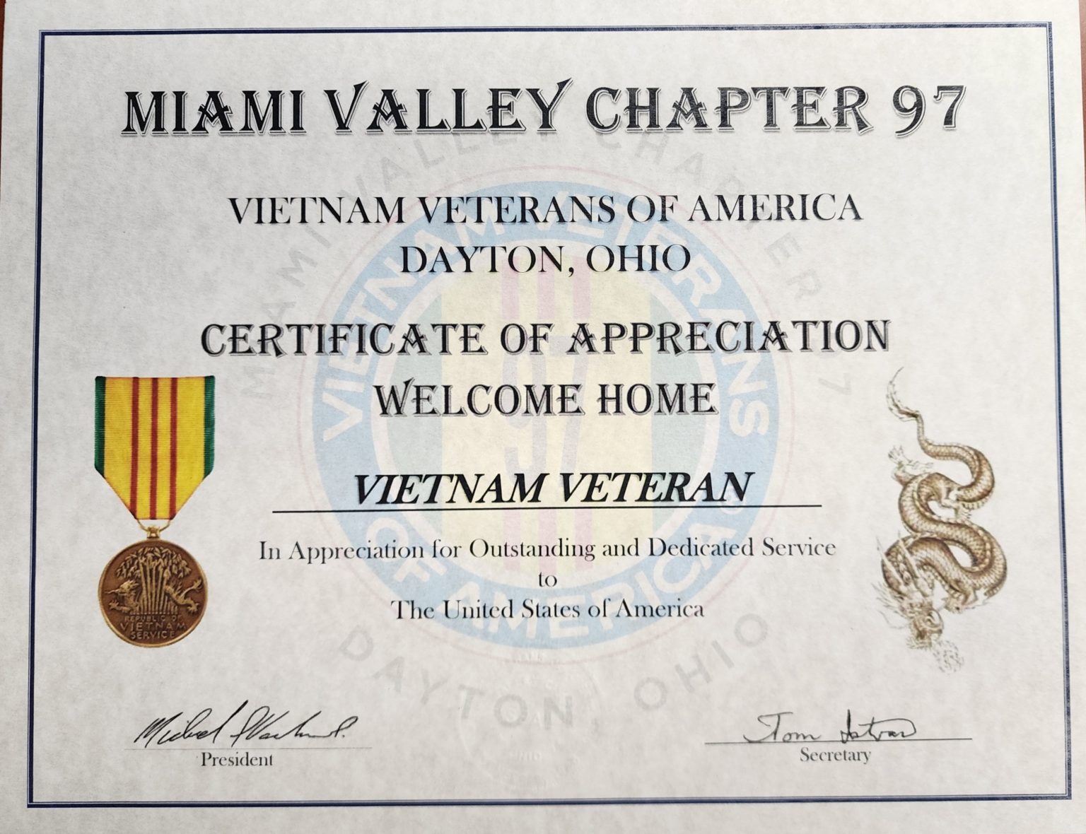 Vietnam Veterans of America Present Mr. Wes King with a “Certificate of ...